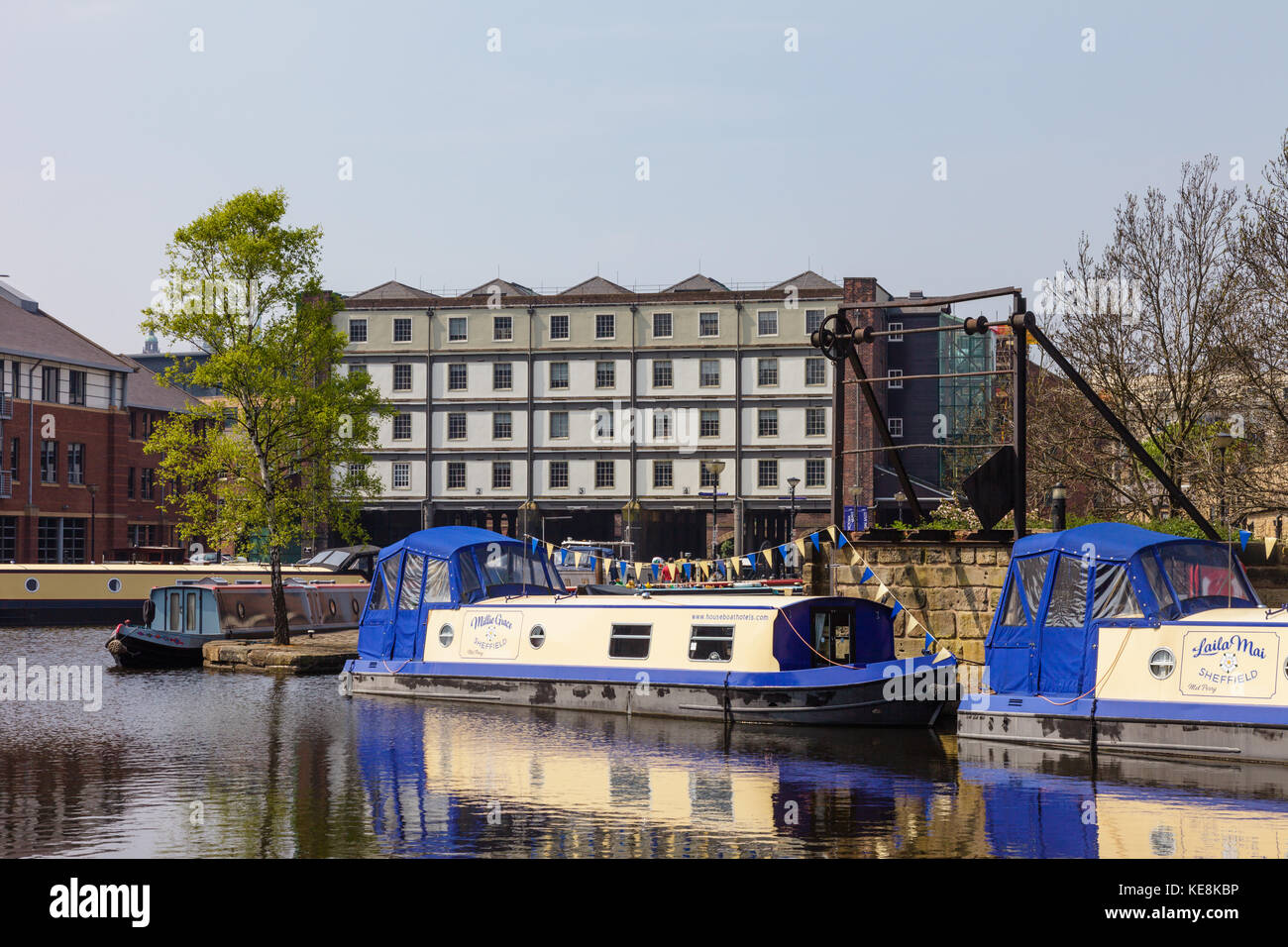 Canal boats on Sheffield Canal Basin, Victoria Quays, looking towards ...