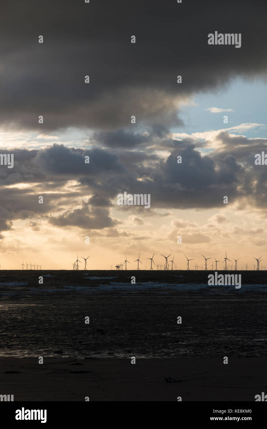 Offshore wind Farm viewed from the sea shore at Sandy Gap Lane, Walney ...