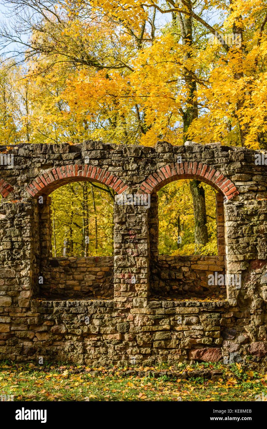 ruins of old abandoned stone brick castle in autumn with yellow colored ...