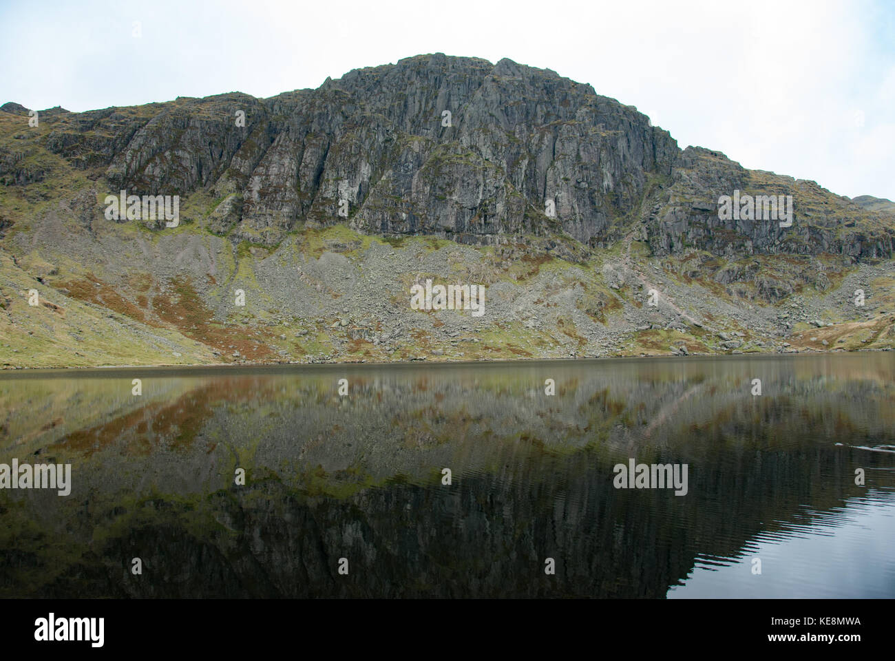 Jack's Rake - scramble up Pavey Ark, reflected in Stickle Tarn, Lake ...