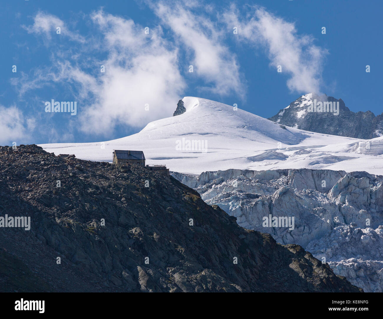 MOIRY VALLEY, SWITZERLAND - Cabane de Moiry mountain hut on ridge ...