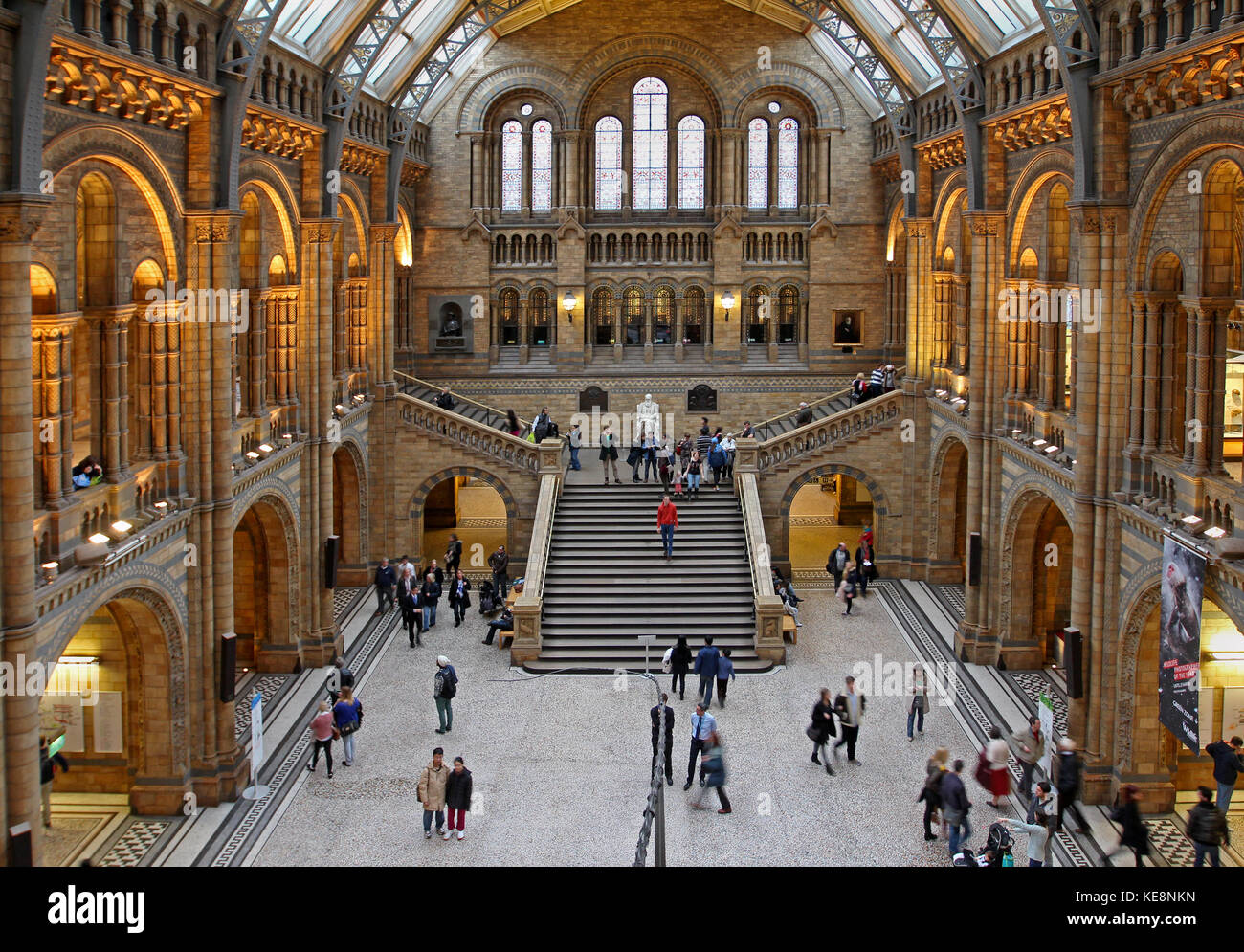 Famous London Natural History Museum big hall interior with tourists ...