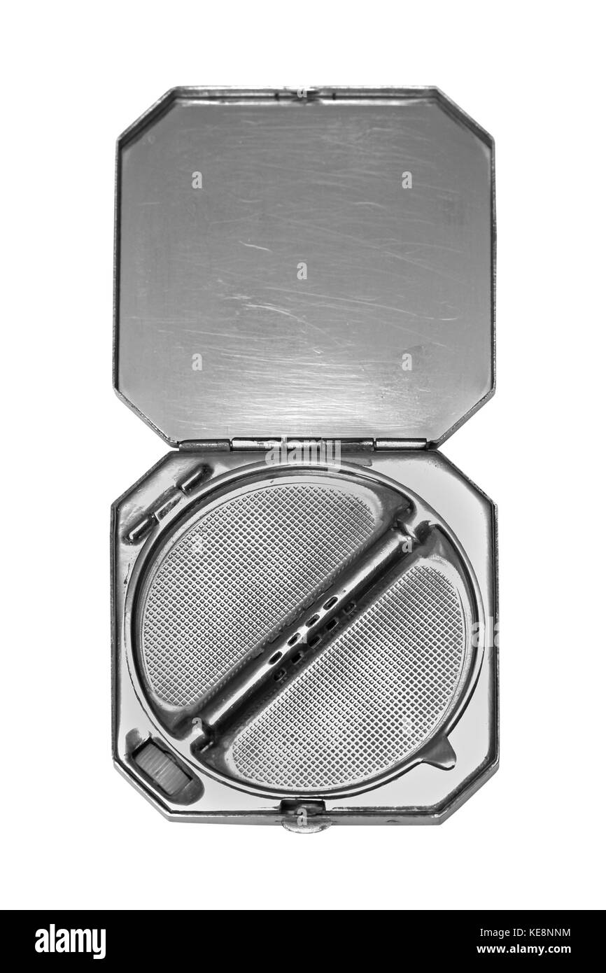 Retro open empty silver metal powder box Stock Photo - Alamy