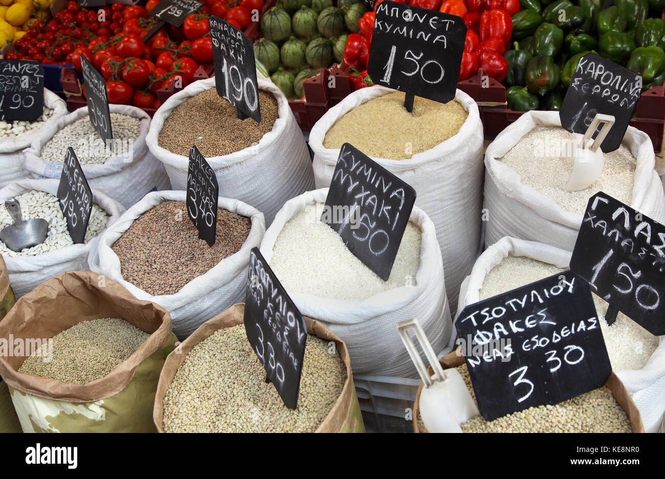 Sacks of organic grain products sold on market Stock Photo - Alamy
