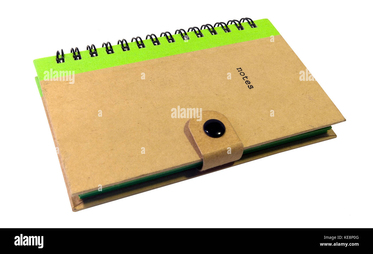 Brown heavy cardboard notebook with button snap, spiral coil and lime ...