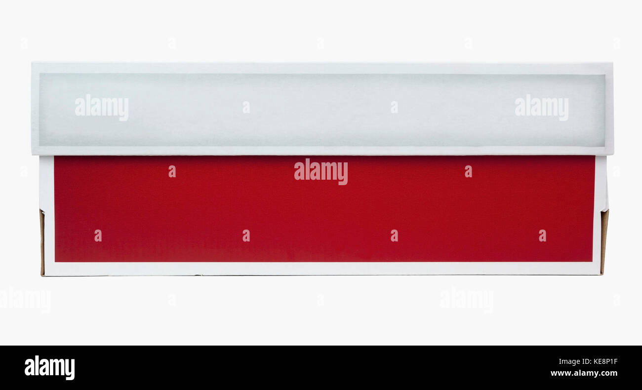 Front view of closed red and white shoebox. Isolated Stock Photo - Alamy