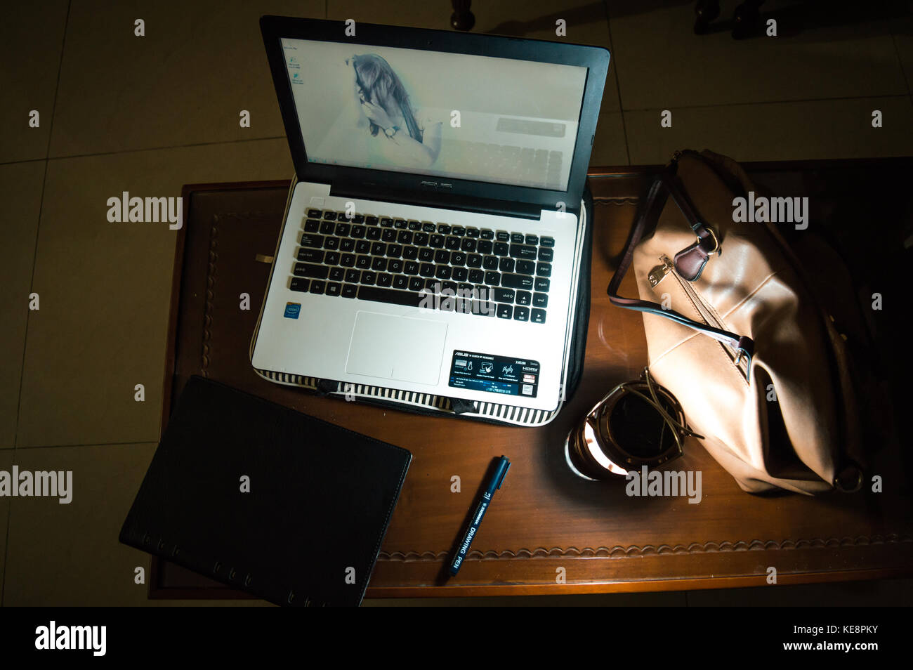 laptop on table Stock Photo - Alamy