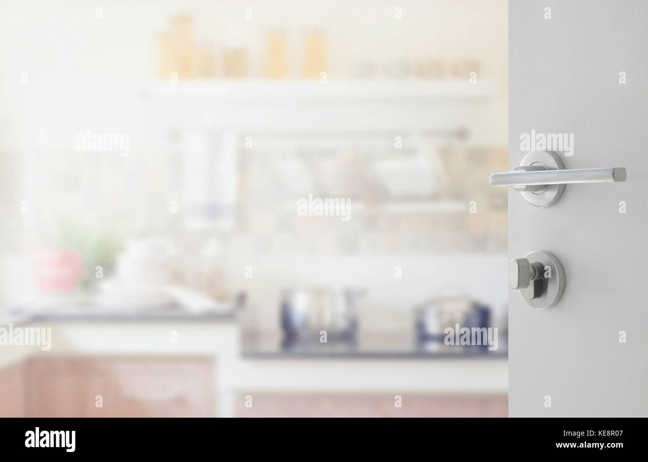 opened white door to modern kitchen interior as background Stock Photo ...