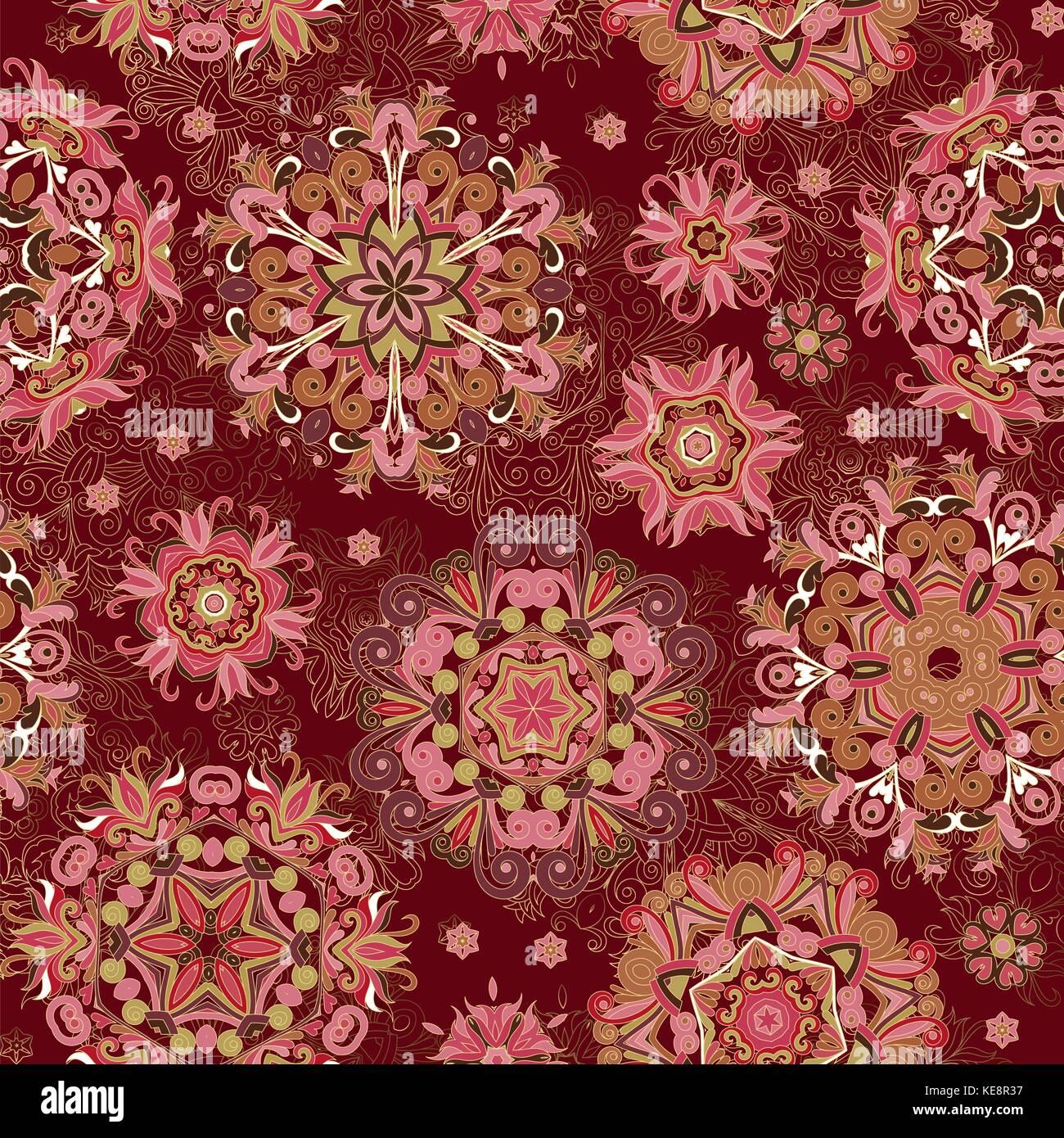 Floral seamless pattern with stylized snowflakes. Beige brown red ...