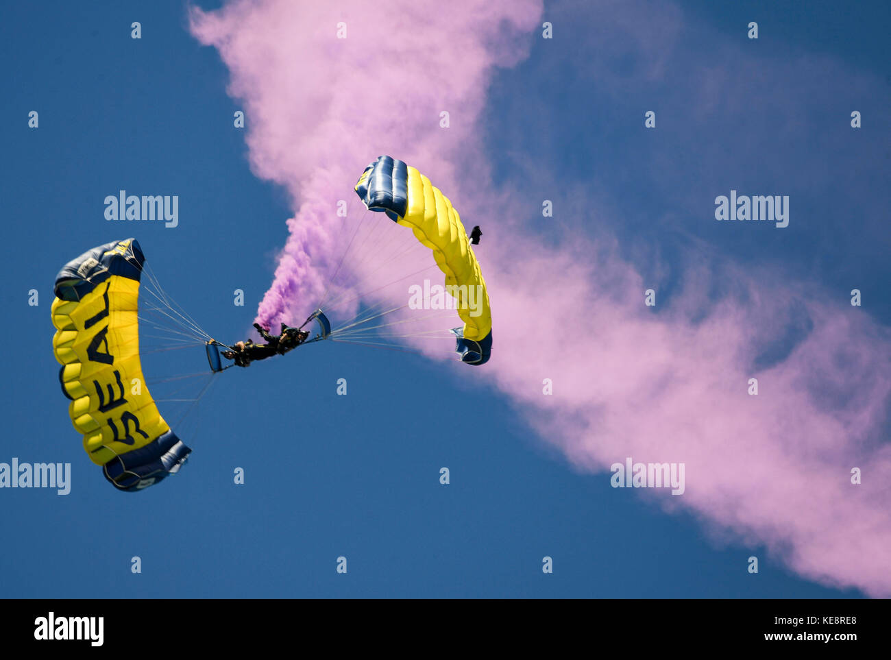 Members of the U.S. Navy parachute team, the Leap Frogs, perform a down ...