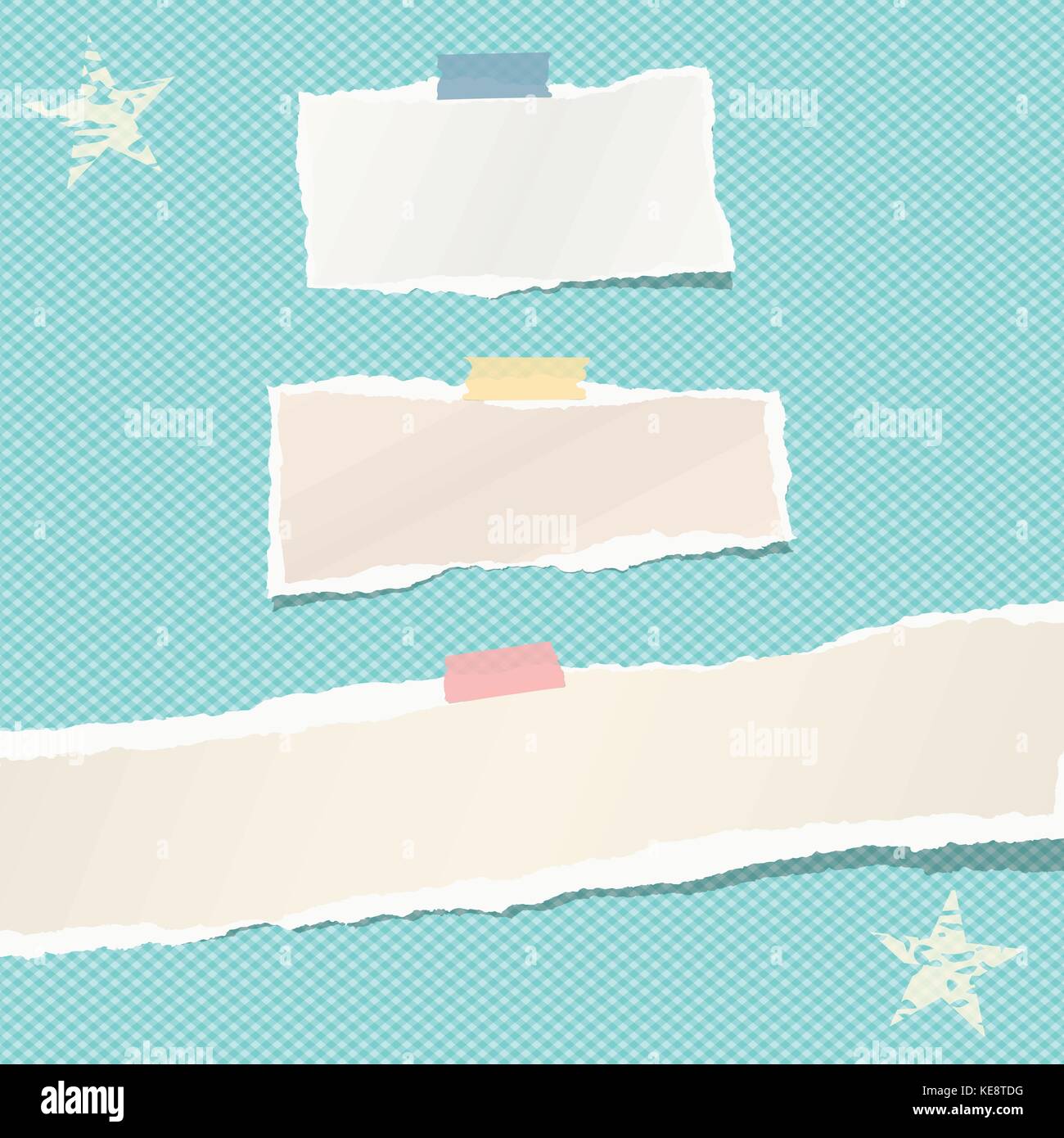 Ripped paper strips, notebook, note for text or message stuck with ...