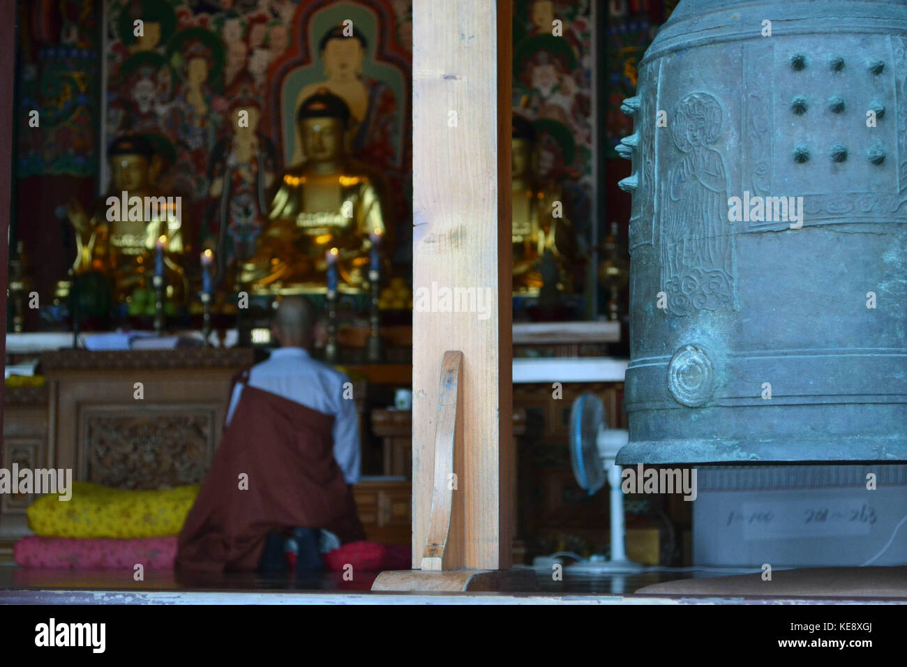 A Korean-Buddhist monk practising worship in one room. Pic was taken in ...