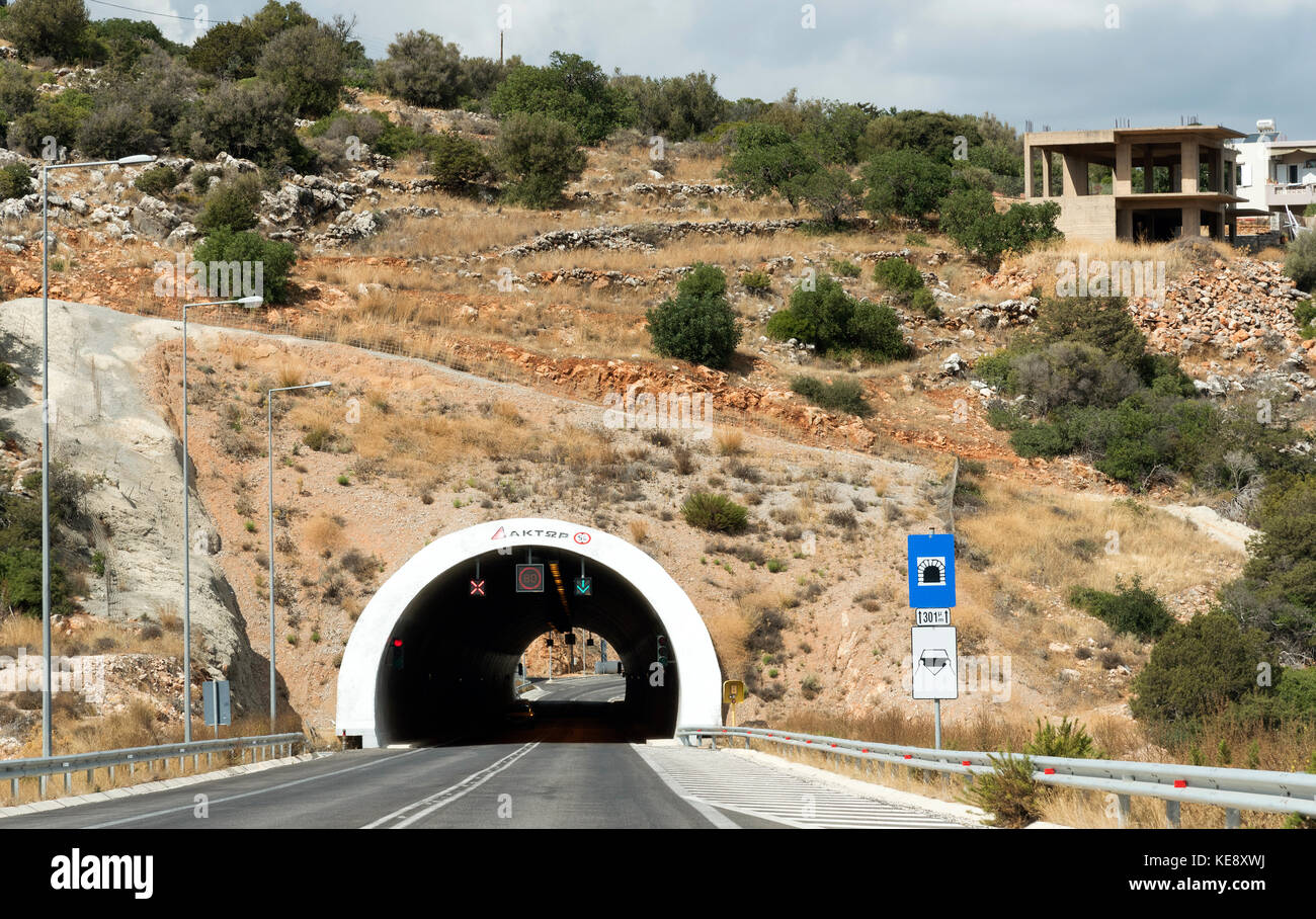 Agios Nikolaos Crete, Greece. A road tunnel on the national road E75 ...