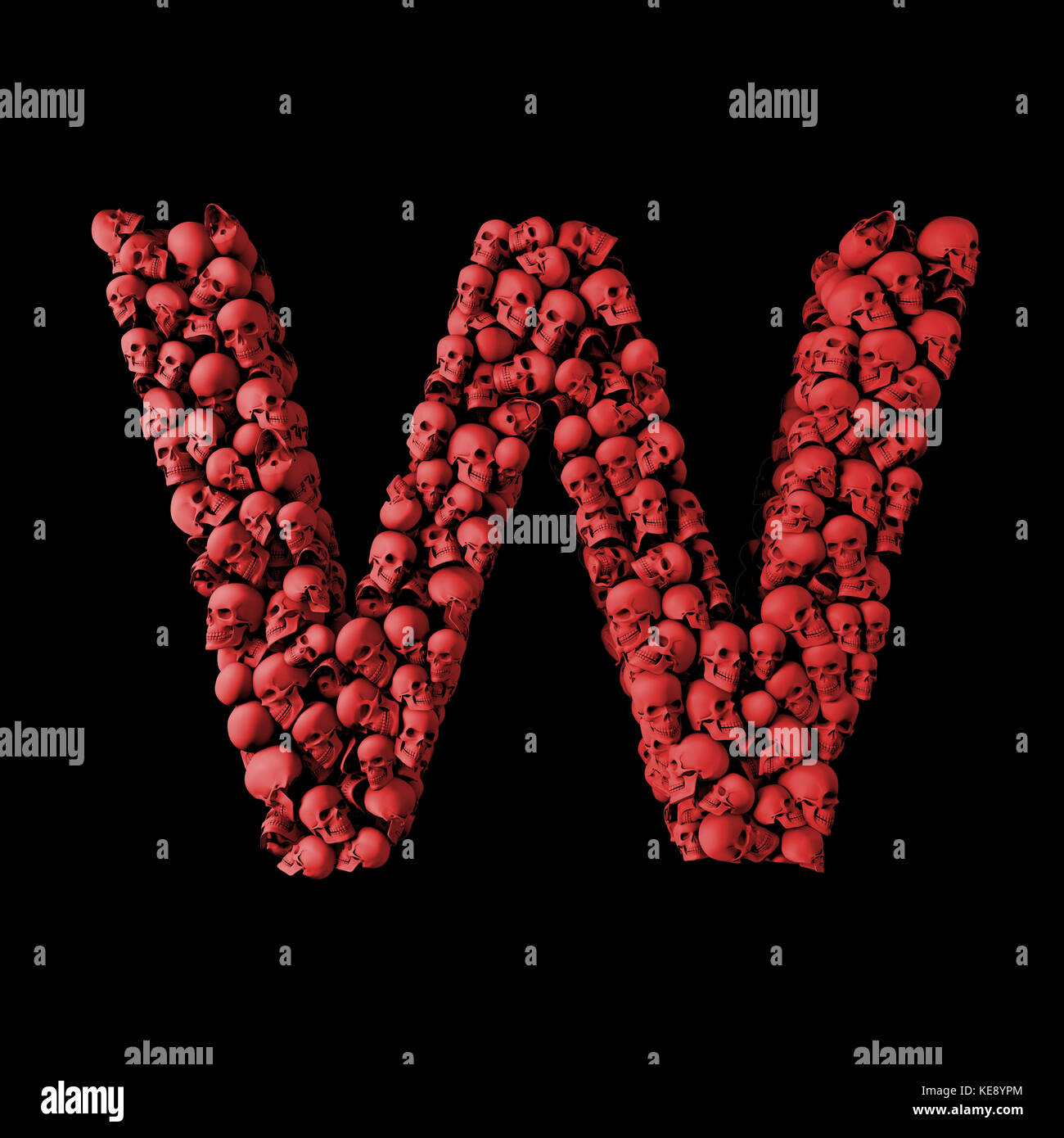 Letter W red skull font. Type made from skulls. 3D Rendering Stock ...