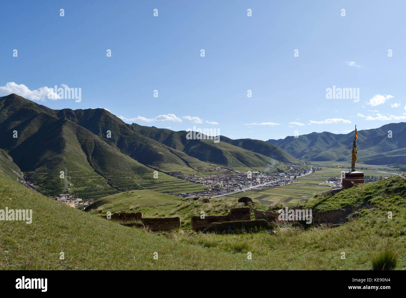 The prayer flags around the mountain behind Labrang or Xiahe, in Amdo ...