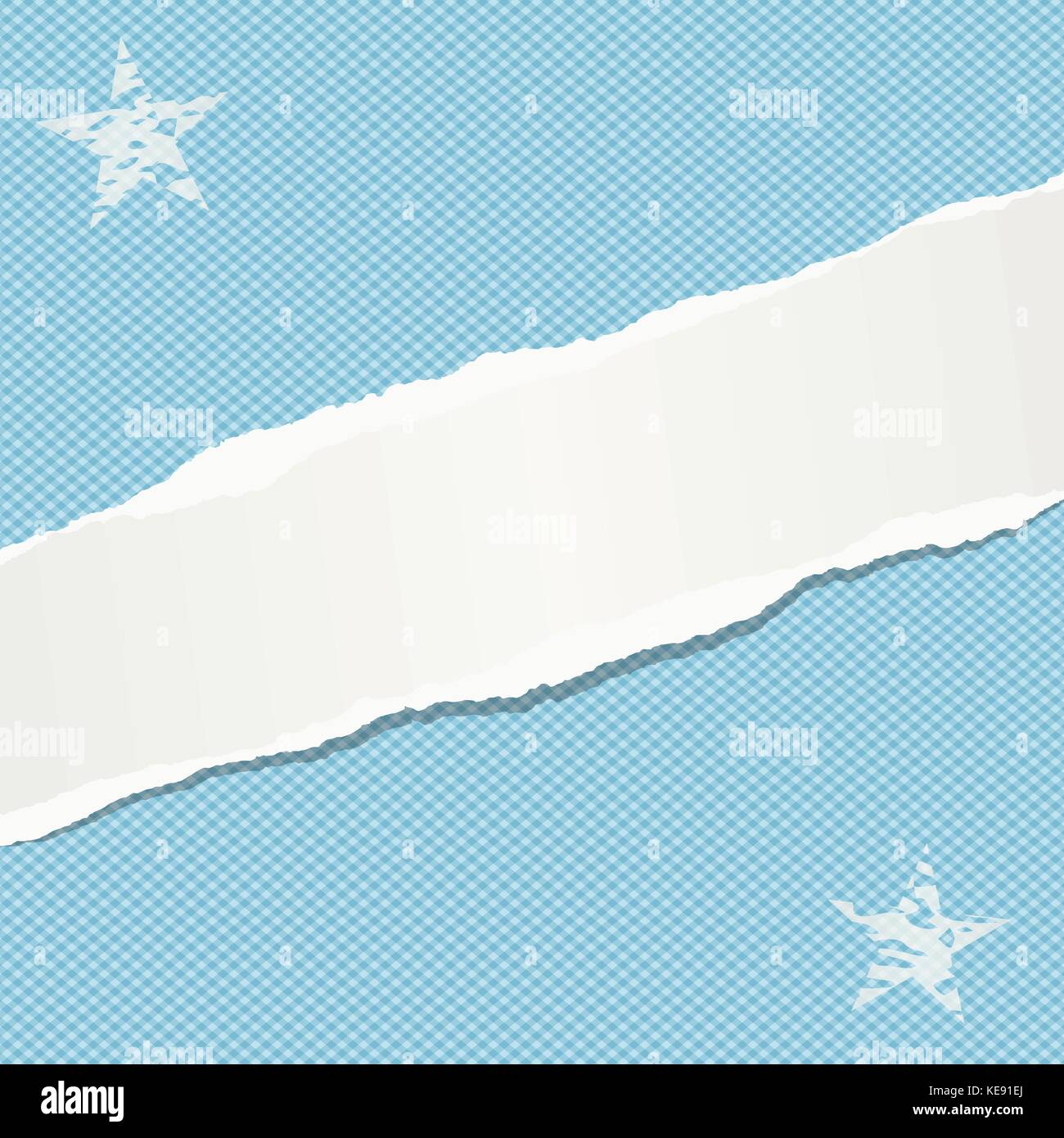 Ripped notebook paper strip, note for text or message stuck on blue ...