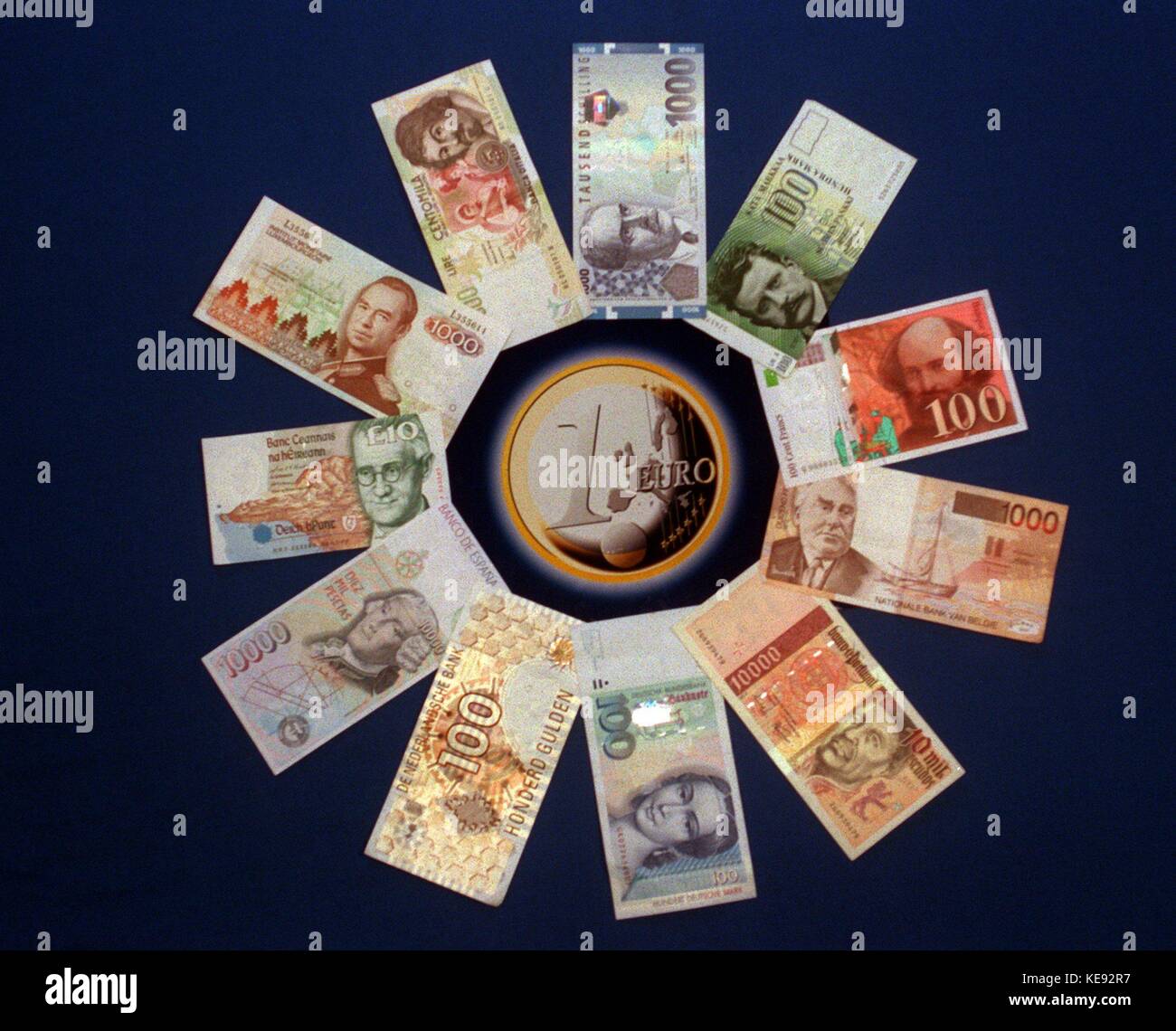 Variety of banknotes of the member states of the European Monetary ...