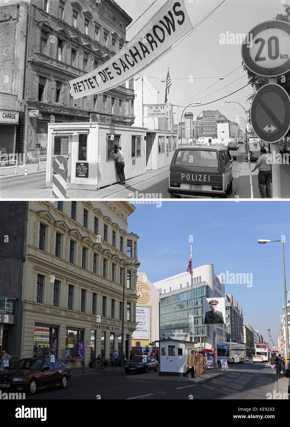The two-part composite picture shows the former border crossing ...