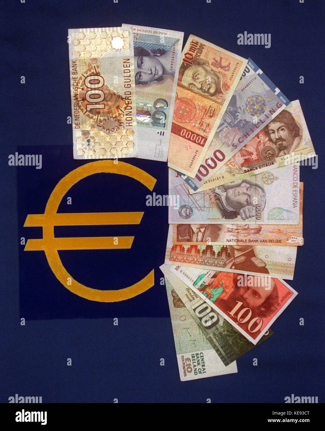 View of banknotes of member states of the European Monetery Union ...