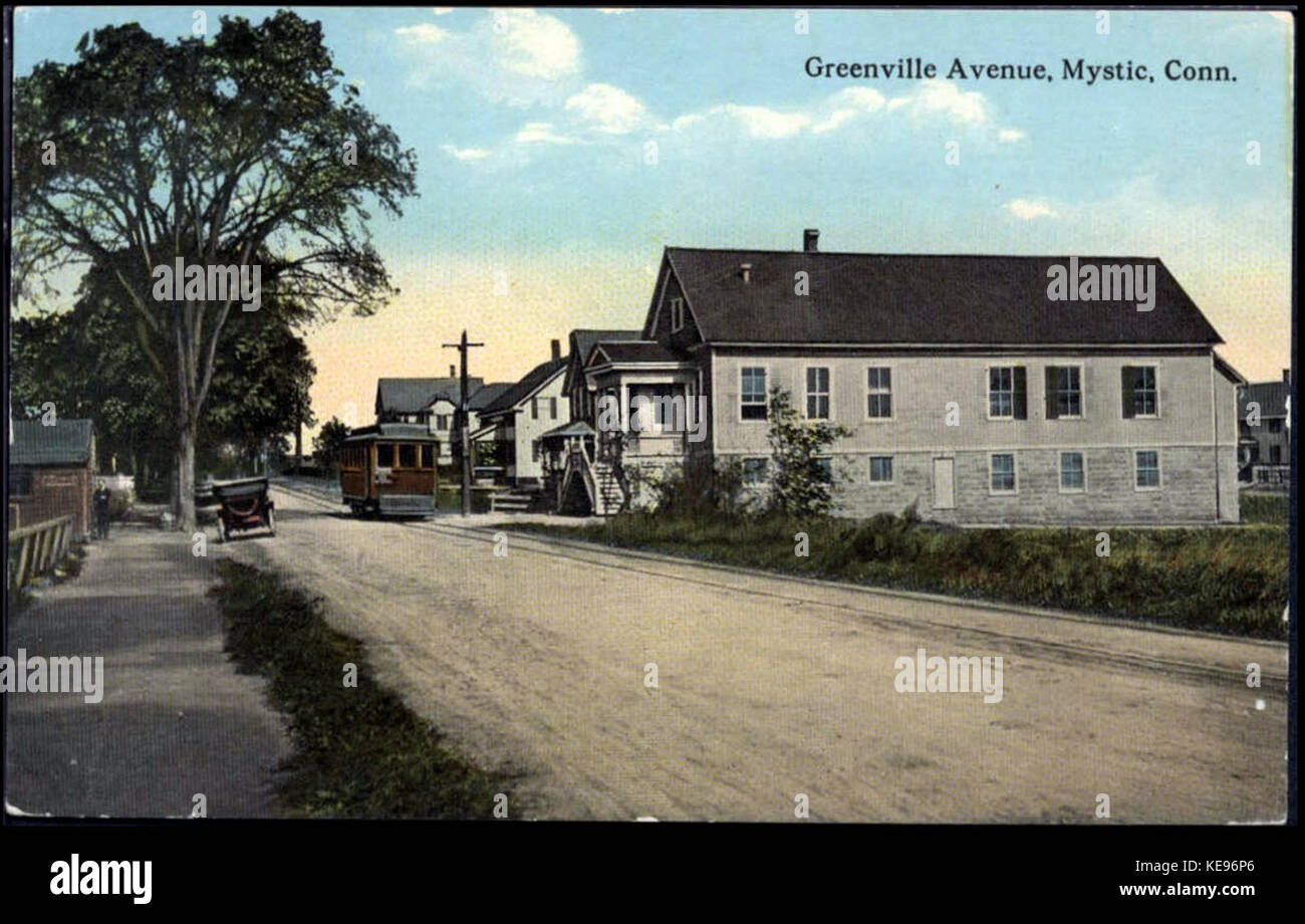Trolley on Greenmanville Avenue postcard Stock Photo - Alamy
