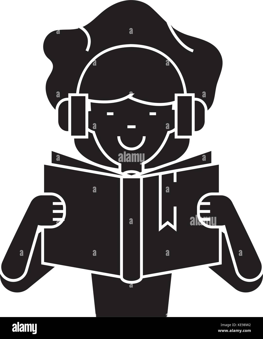 girl reading book in earphones icon, vector illustration, sign on ...