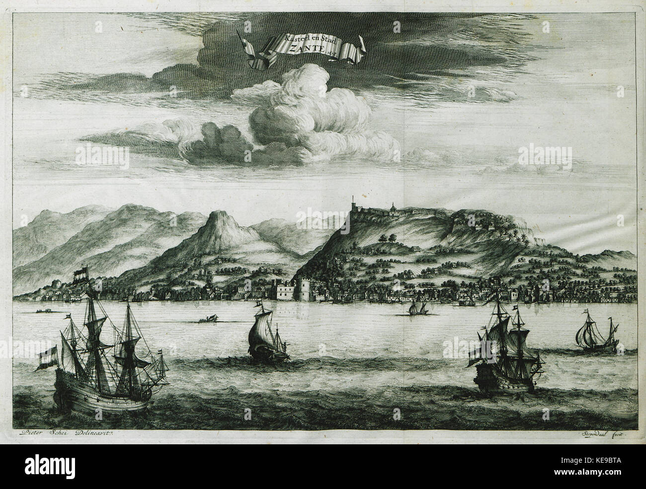 This is a historical depiction of the castle and town of Zante (now ...
