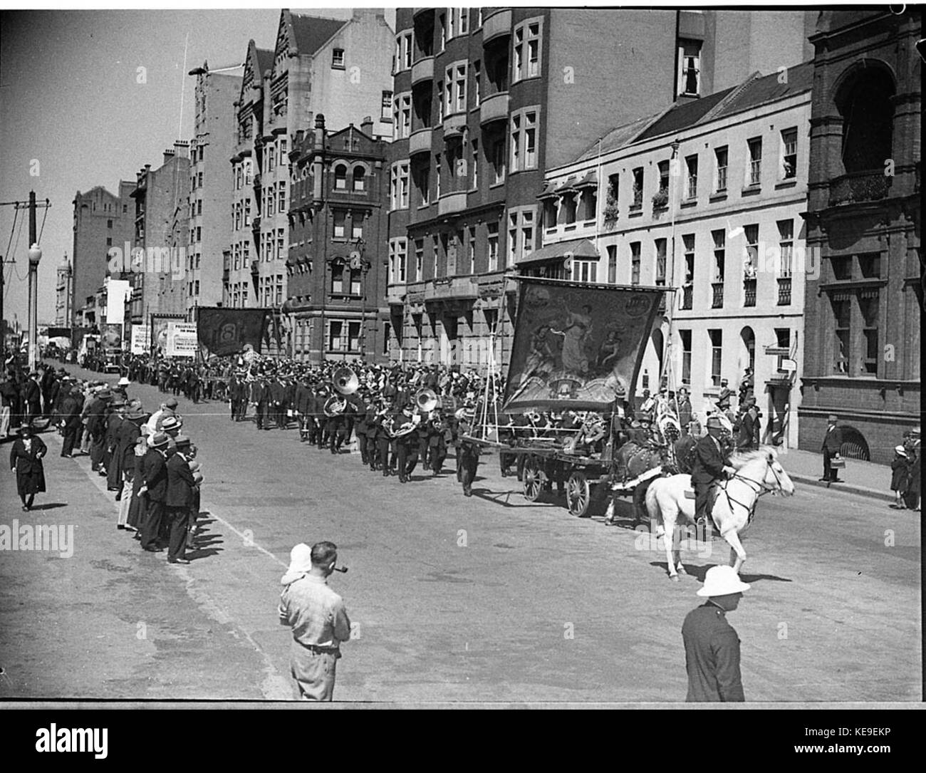 A historical photograph of a Six Hour Day procession, depicting workers ...