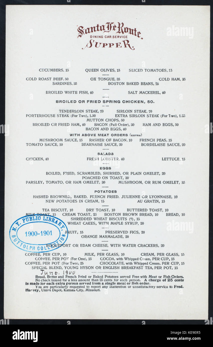 SUPPER (held by) SANTA FE ROUTE (at) DINING CAR SERVICE (RR;) (NYPL ...