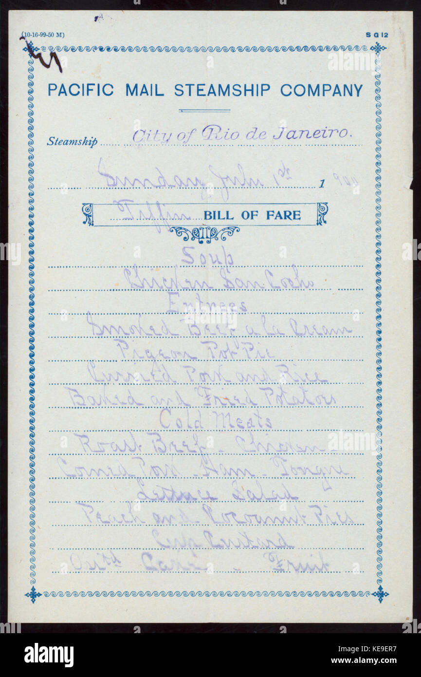 TIFFIN (held by) PACIFIC MAIL STEAMSHIP COMPANY (at) SS RIO DE JANEIRO ...