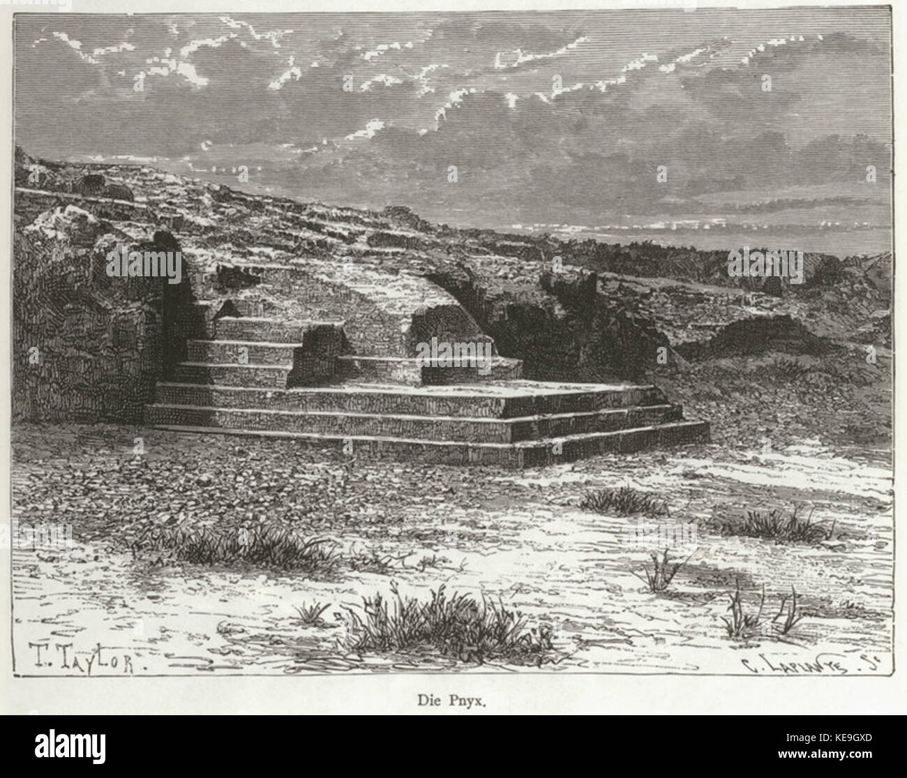 A historical illustration or photograph of the Pnyx, an ancient site in ...