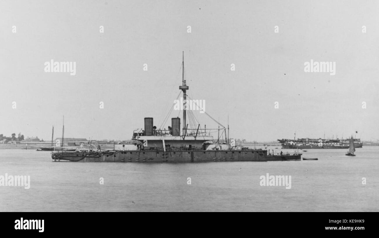 The Thunderer is anchored, possibly in a calm harbor, showing the ship ...
