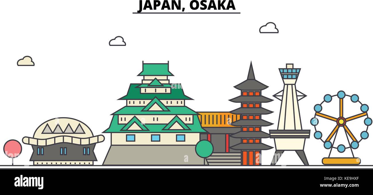 Japan, Osaka. City skyline architecture, buildings, streets, silhouette ...
