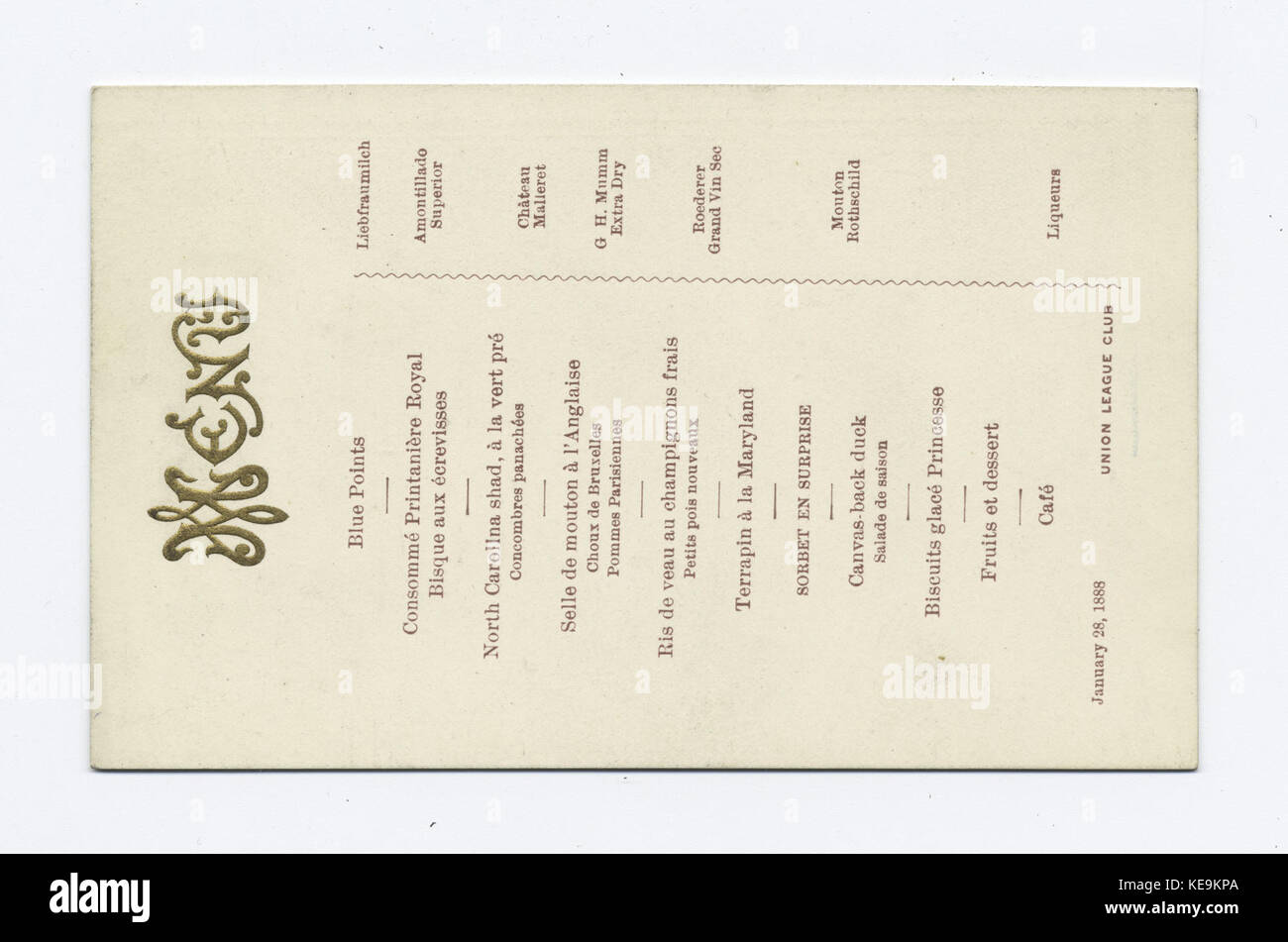 Union League Club Menu, January 28, 1888 (NYPL Hades 610383 459468 ...