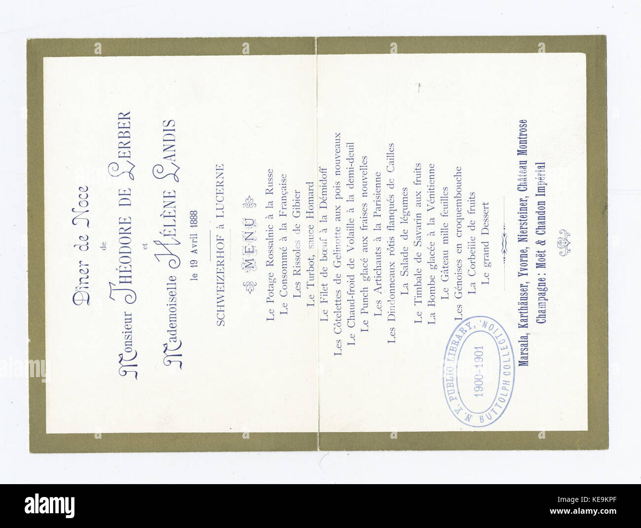 WEDDING DINNER( ) (held by) M. THEODORE DE LERBER; MLLE. HELENE LANDIS ...