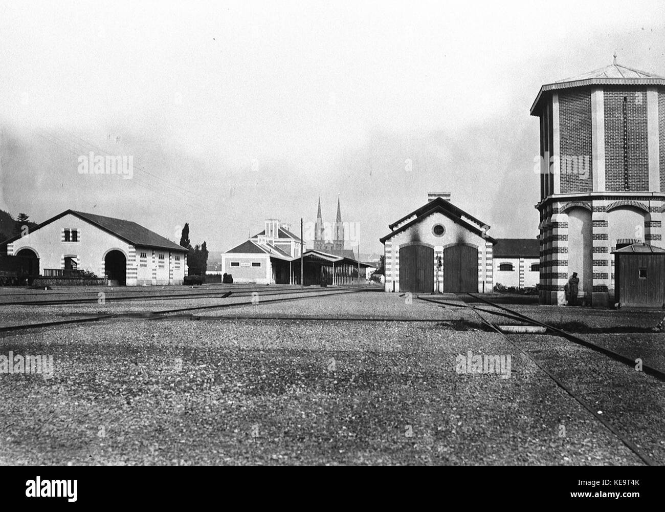 This historical image shows the train station (La gare de Quimper) in ...