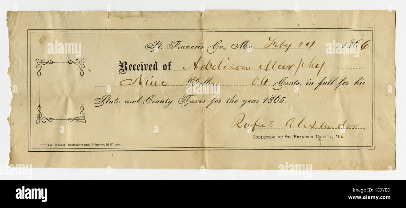 Tax receipt for Addison Murphy, February 24, 1866 Stock Photo - Alamy