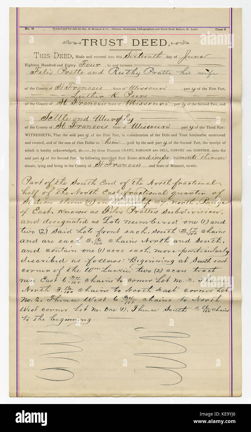 This trust deed, signed by Felix Pratte and Ruthy Pratte on June 16, 1884, outlines a legal ...