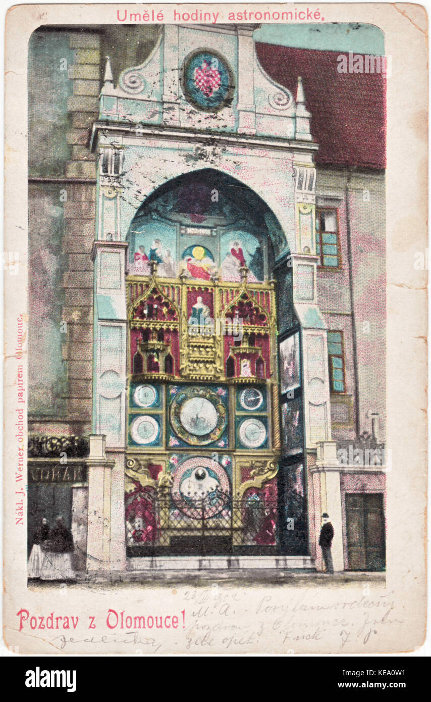 Astronomical clock in Olomouc, historical postcard, frontside Stock ...