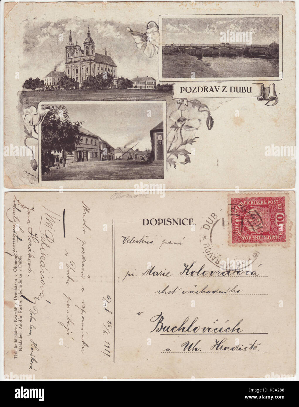 Historical postcard of Dub nad Moravou with reverse Stock Photo - Alamy