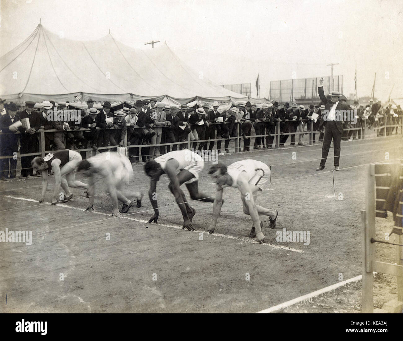 Start of the first heat of the 60 meter run at the 1904 Olympics.(Meyer ...