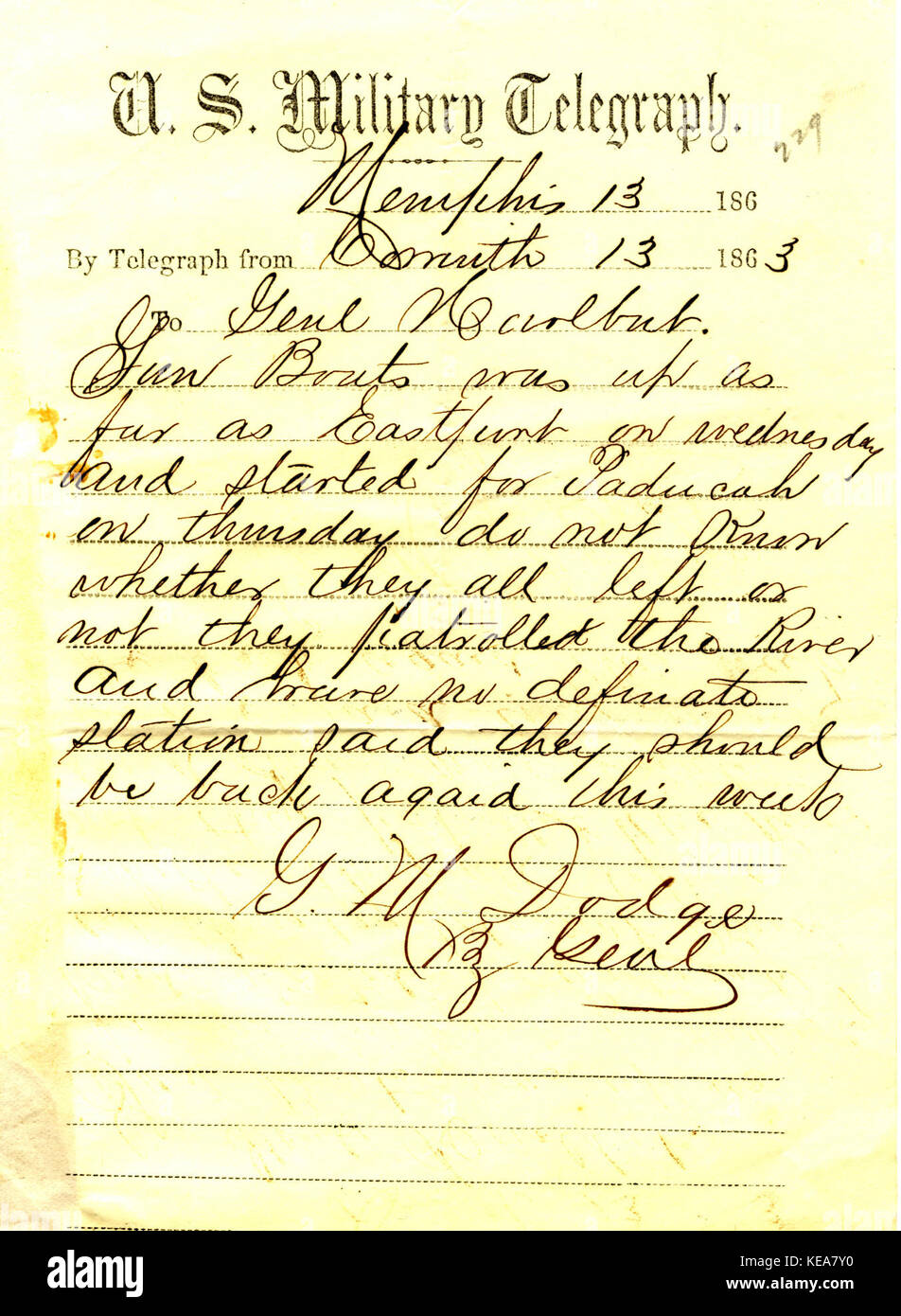 Telegram from G. M. Dodge, Corinth Memphis, to General Hurlbut, 1863 ...