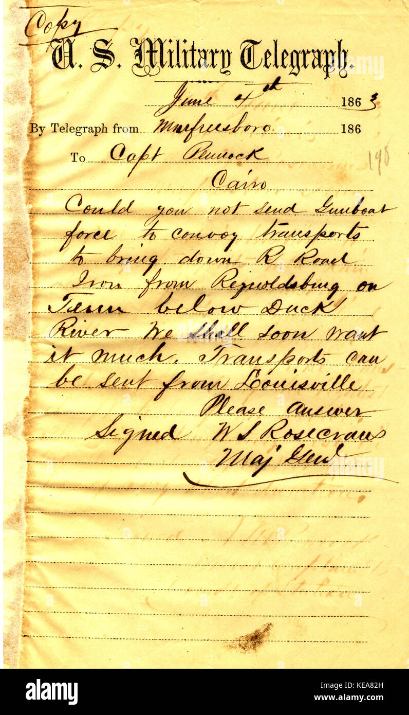 This telegram, sent during the American Civil War, was written by W. S ...