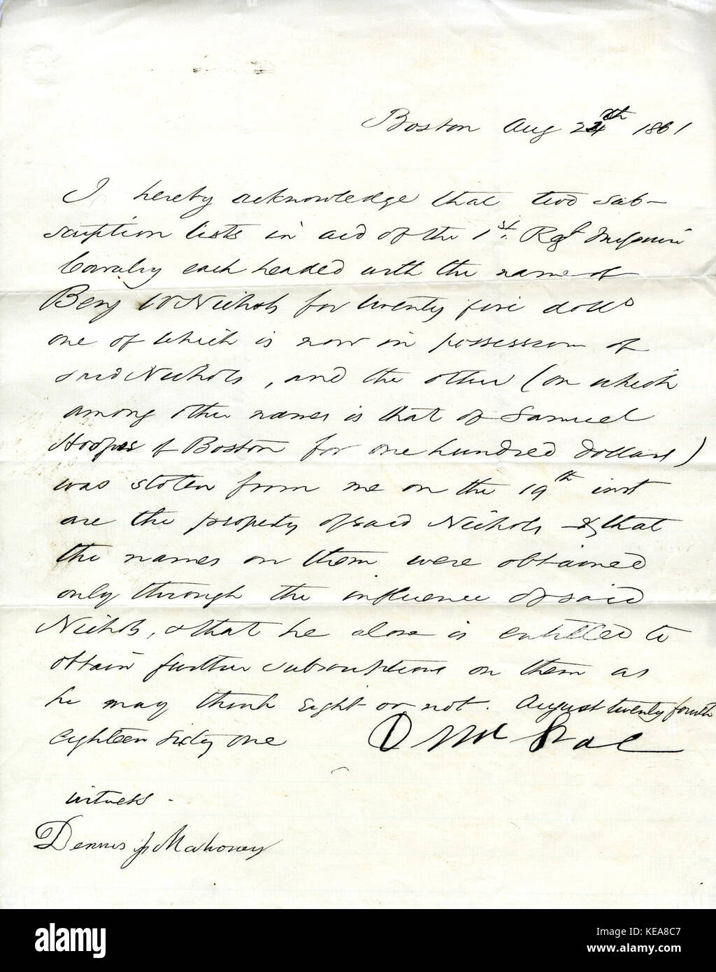 Statement of D. McRae (Duncan McRae), August 24, 1861 Stock Photo - Alamy