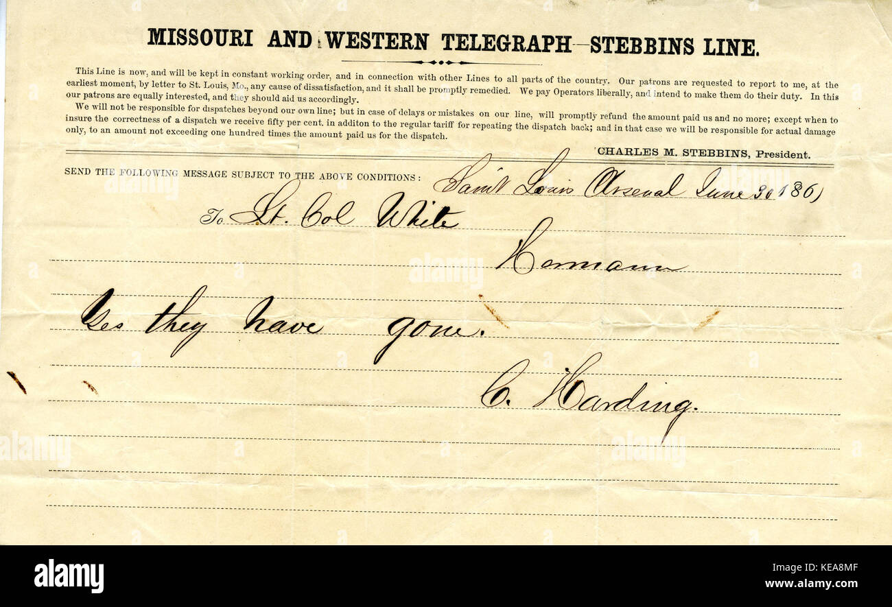 Telegraph of C. Harding, Saint Louis Arsenal, to Lieutenant Colonel ...