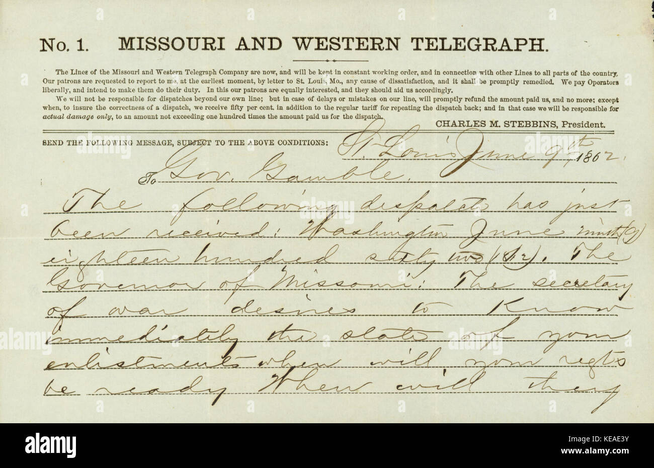 Telegram of J.M. Schofield, St. Louis, to Gov. Gamble (Hamilton R ...
