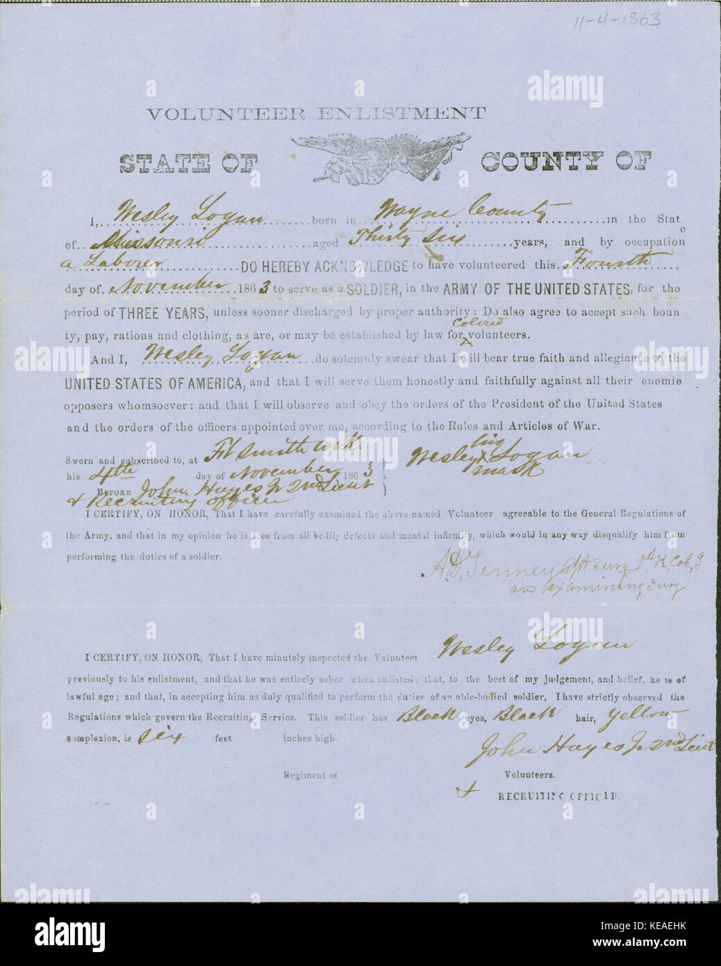 Volunteer enlistment of Wesley Logan, November 4, 1863 Stock Photo - Alamy