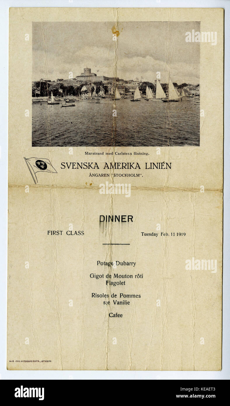 Svenska Amerika Linien dinner menu, February 11, 1919 Stock Photo - Alamy