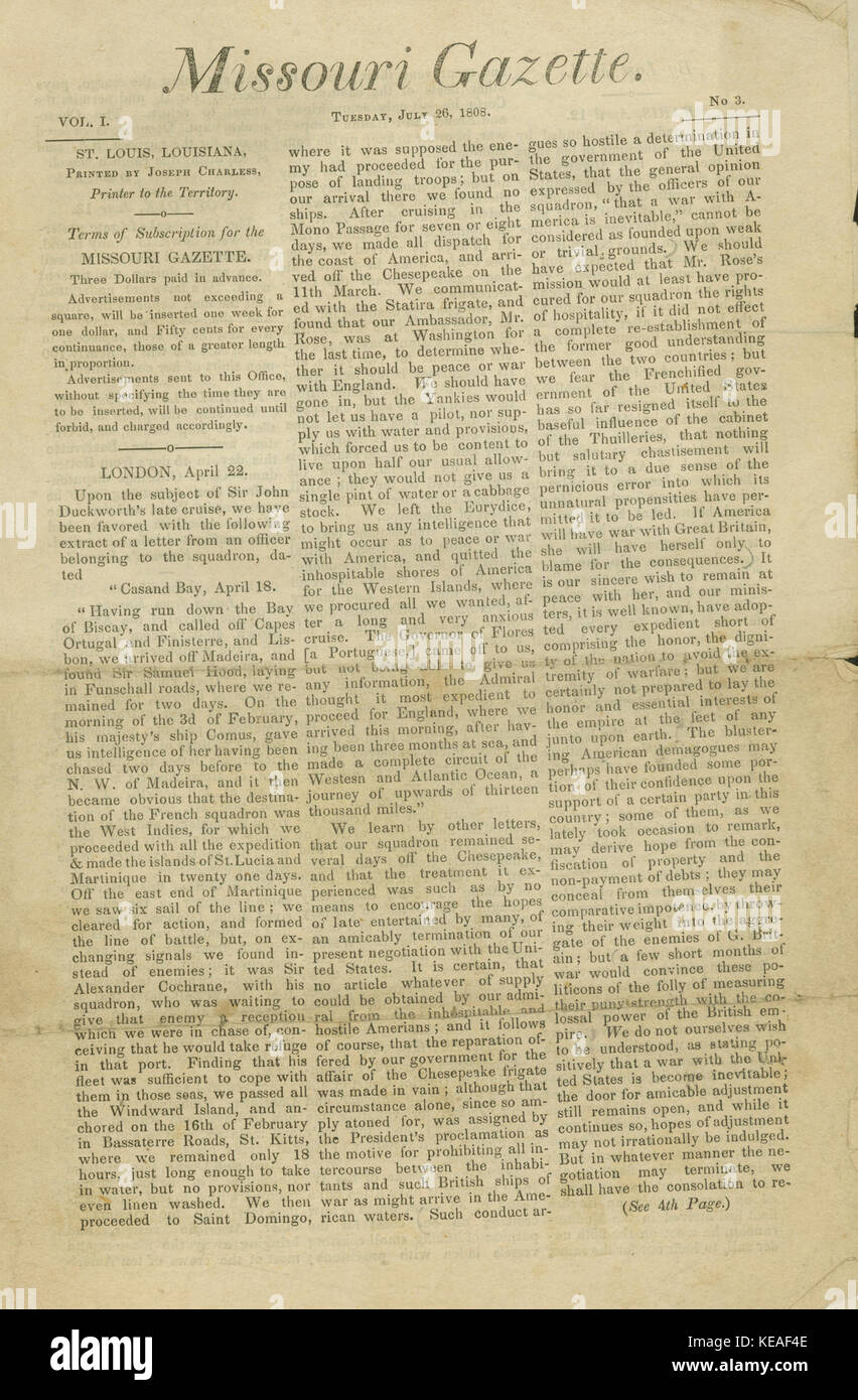 Third issue of theMissouri Gazette, the first Missouri newspaper, July ...
