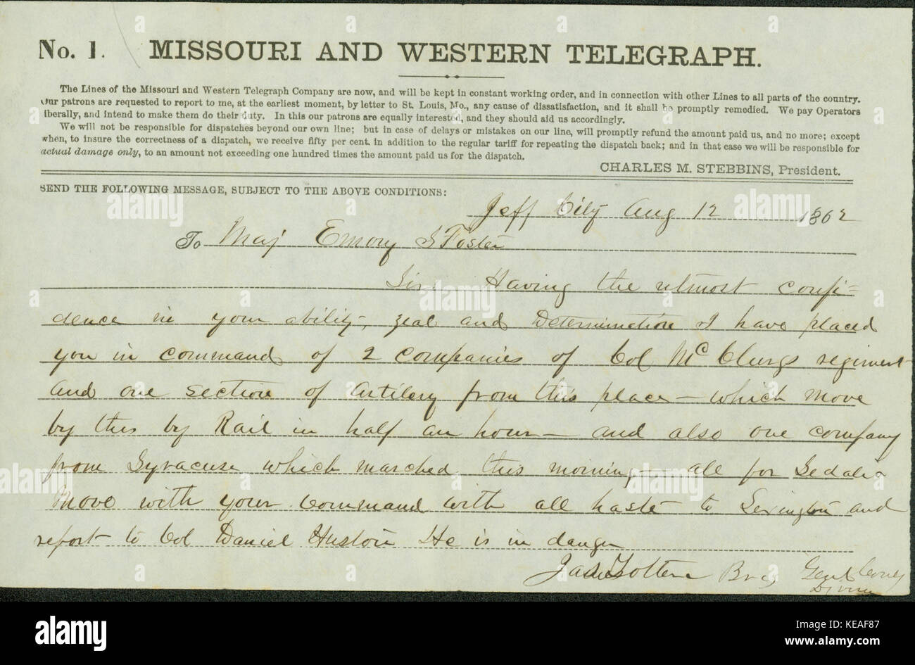Telegram of Brigadier General James Goltere, Jefferson City, to Major ...
