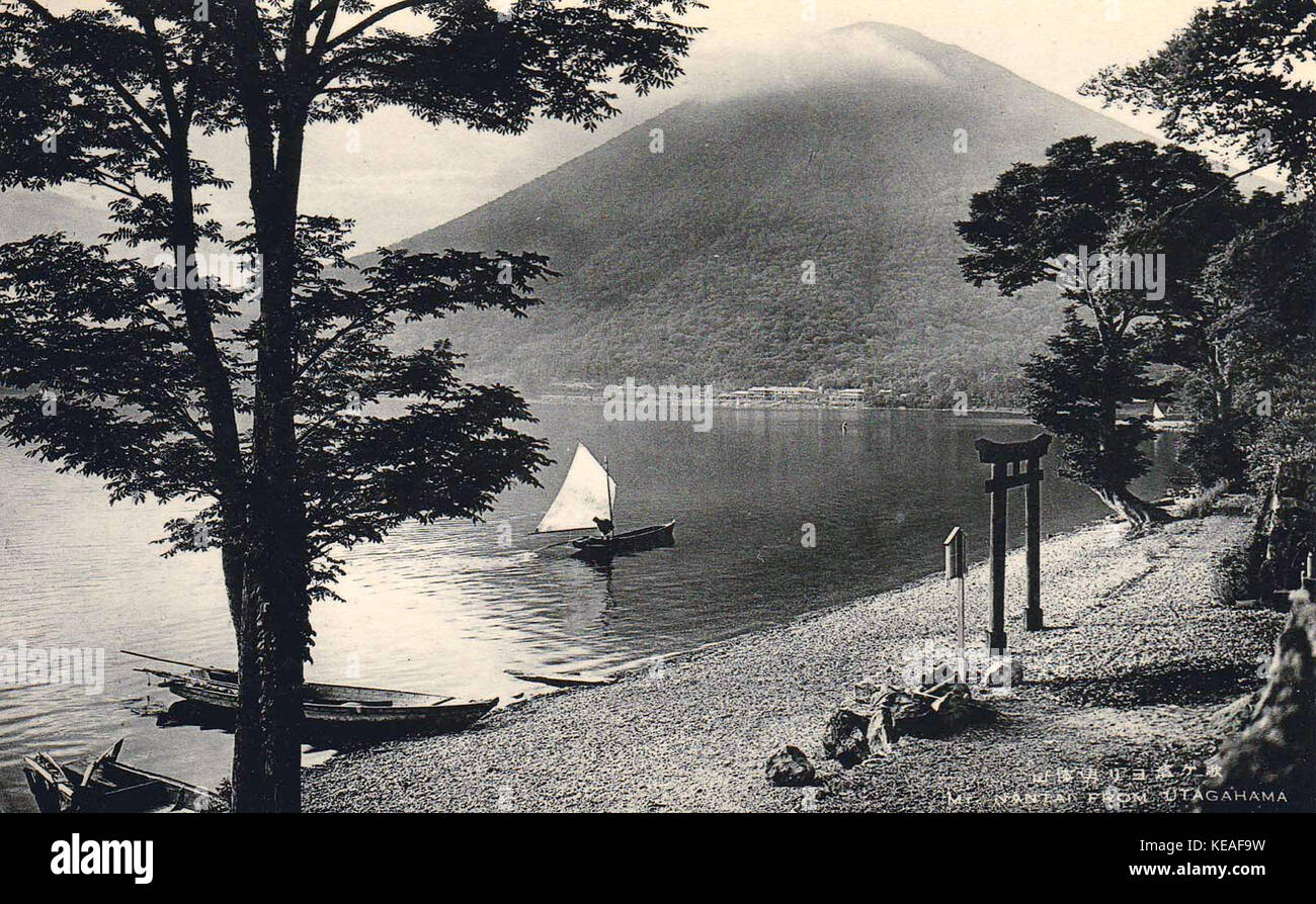 Japan, Nikko lake Chuzenji Nantai volcano Utagahama 1930 Stock Photo ...